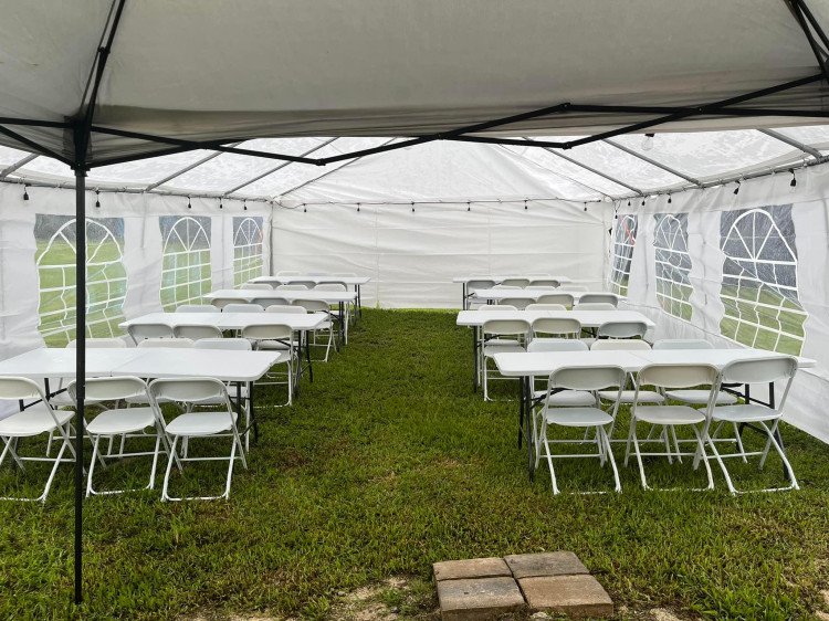 20x30 Tent Package White Chairs Rectangle Tables Family First 